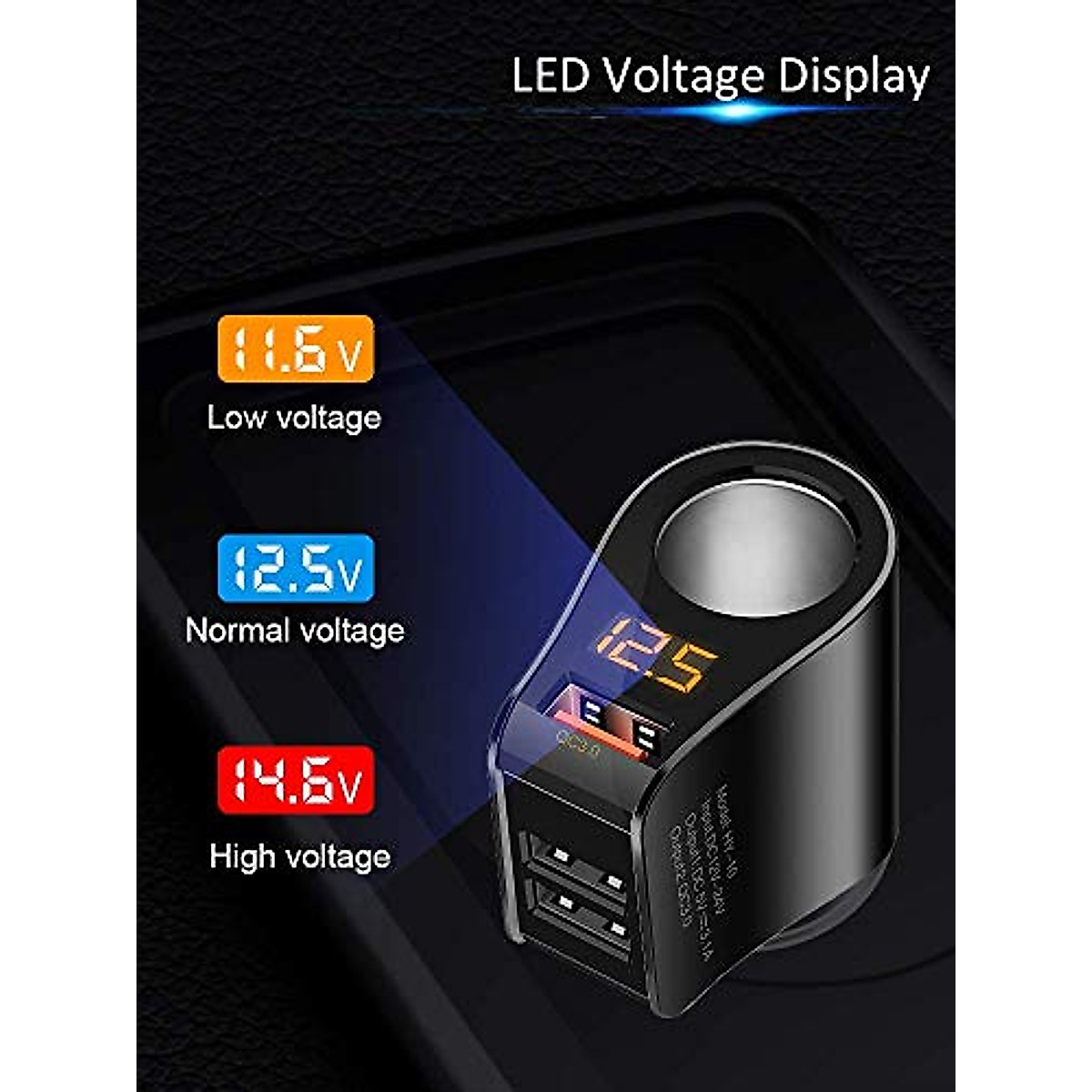 LIHAN Car Charger Extension Cigarette Lighter Adapter,Socket Splitter 3 USB Ports and Voltage Meter,fit for 12V/24V Automobile Outlet,Compatible with iPhone 14,13,12,iPad,Samsung(BlackQC3.0)