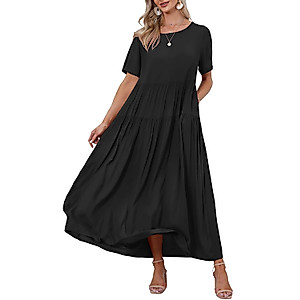 YESNO Women Casual Loose Bohemian Floral Dress with Pockets Short Sleeve Long Maxi Summer Beach Swing Dress XL EJF Black