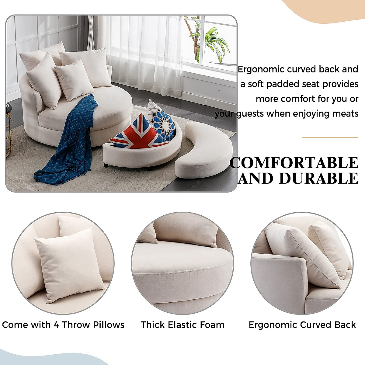 Yehha Sofa 360 Swivel Top Barrel Storage Ottoman & 4 Pillows, Modern Linen Leisure Chair Round Accent for Living Room Bedroom, Creamy White
