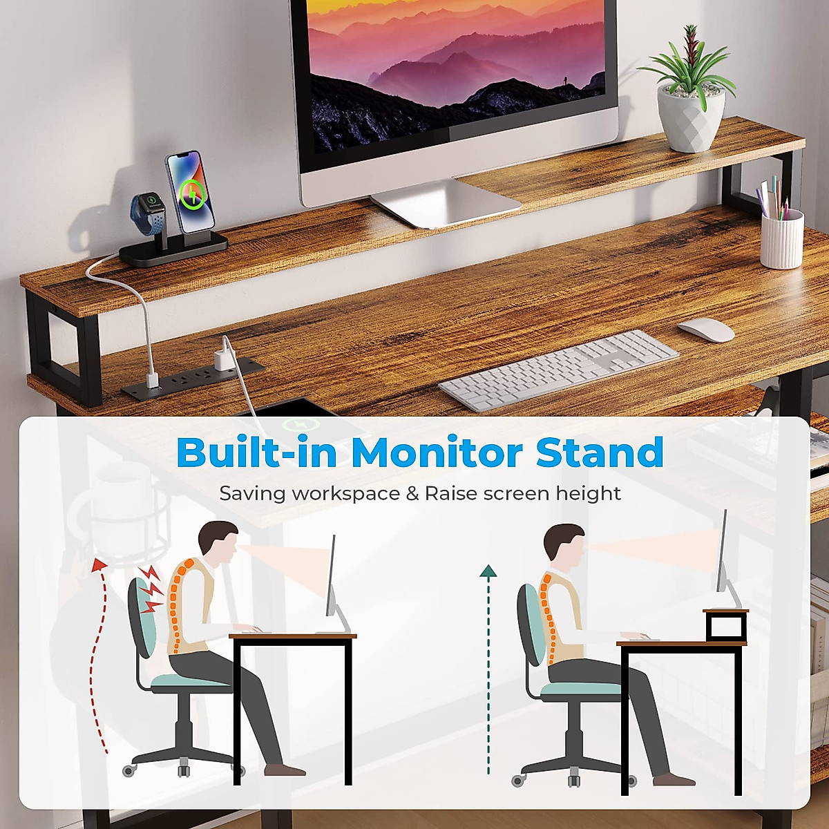 GreenForest Computer Desk with USB Charging Port and Power Outlet, Reversible Home Office Desk with Monitor Stand and Shelves for Small Space, 47 inch Work Desk with Cup Holder and Hook, Walnut