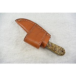 Texan Knives Damascus Steel Short Skinner Knives Fixed Blade Knife with Sheep's Horn Handle Includes Leather Sheath, 6.75" L