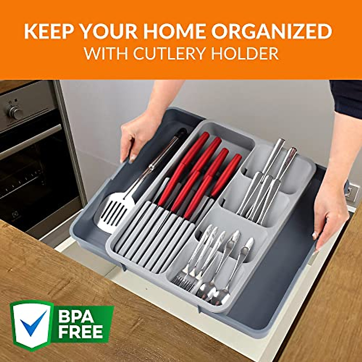 VILIA Expandable Kitchen Drawer Organizer with Knife Holder, Utensil Holder - Adjustable Cutlery Silverware Tray for Drawer, Kitchen Organization, Large Durable Utensil Organizer, Kitchen Storage