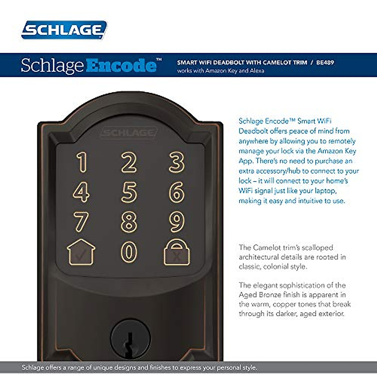 Schlage Encode Smart Wi-Fi Deadbolt with Camelot Trim in Aged Bronze & Schlage FE285 CAM 716 Acc RH Camelot Front Entry Handleset with Right-Handed Accent Lever, Lower Half Grip, Aged Bronze