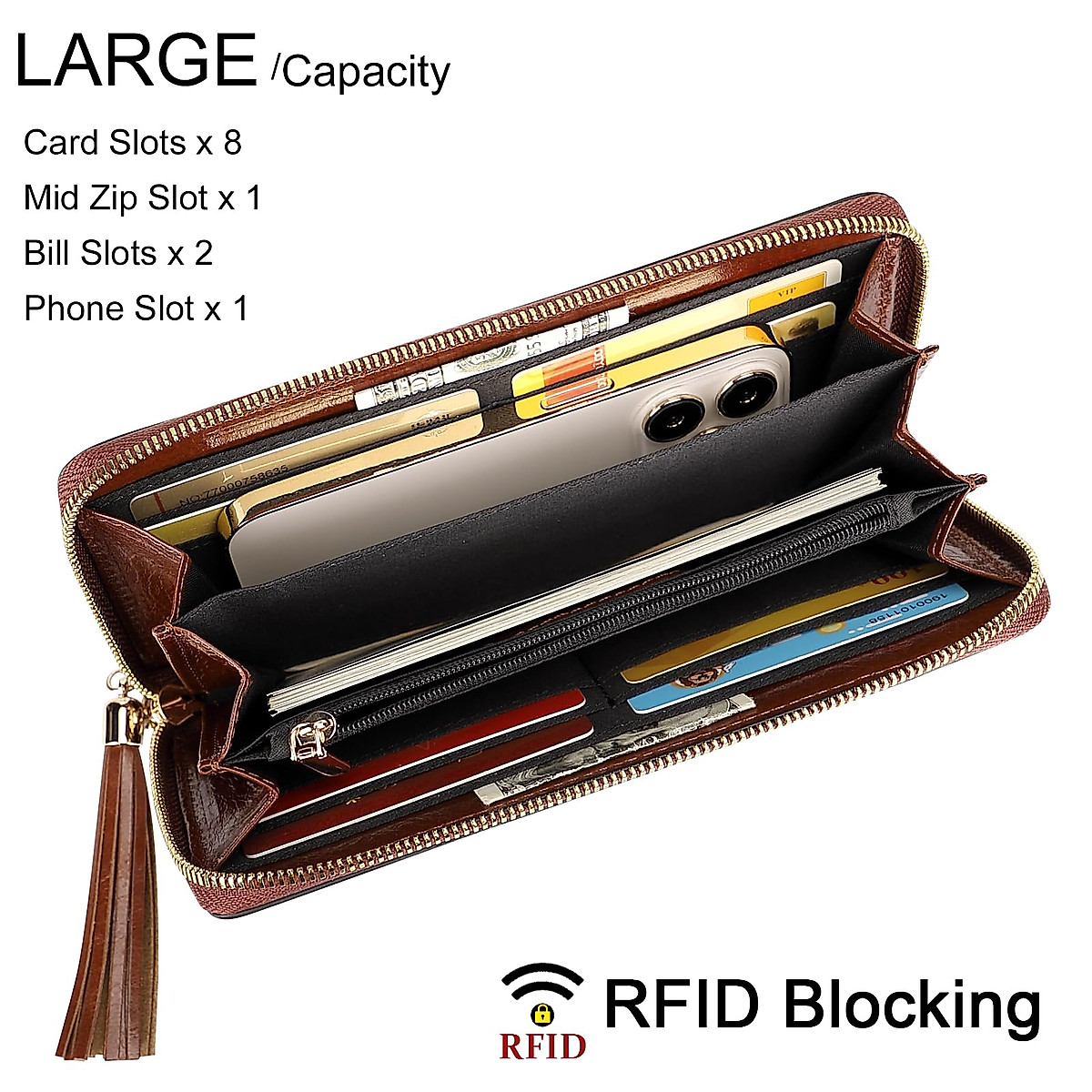 PIJUSHI Leather Wallets For Women Floral Wristlet Wallet Card Holder Purse (91853 Brown)