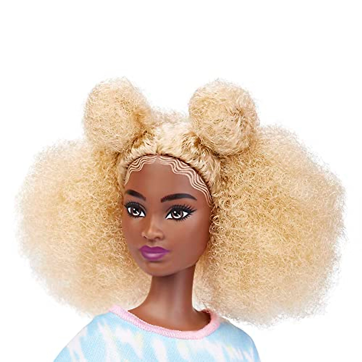 Barbie Fashionistas Doll, Tall, Blonde Afro with Side Puffs, Tie-dye Romper, Sneakers, Yellow Bracelet, Toy for Kids 3 to 8 Years Old