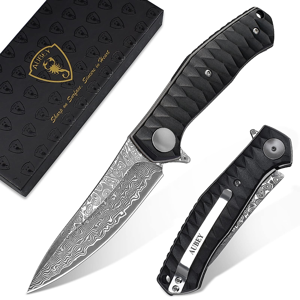 AUBEY Damascus Pocket Knife for Men with Clip EDC, 3.23" VG10 Core Damascus Steel Blade of Folding Knife with Black Aluminum Handle, Sharp Damascus Camping Knife