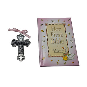 Baby Girl First Bible and 4 Inch Pewter Baptism Guardian Angel Crib Cross