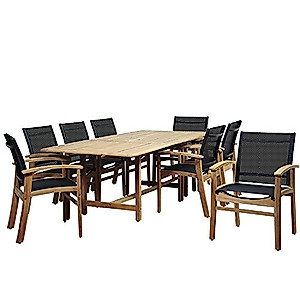 Amazonia Georgetown 9 Piece Teak Extendable Rectangular Dining Set with Black Sling Chairs