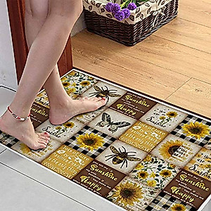 Shag Rugs Indoor Doormat Retro Yellow Sunflower Bee Butterfly Non Slip Floor Doormats Carpet American Pastoral Gingham Fluffy Kitchen Floor Rugs Pad Welcome Carpets for Bathroom Bedroom Entryway