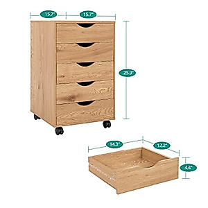 Naomi Home Taylor 5 Drawer Chest, Wood Storage Dresser Cabinet with Wheels, Storage Organization, Makeup Drawer Unit for Closet, Bedroom, Office File Cabinet 180 lbs Capacity – Natural
