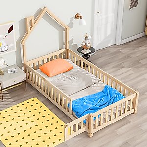 MWrouqfur Wooden Toddler Floor Bed Frame,Twin Size Montessori Bed Frame with Fence and Gate Door for Toddlers 1-3 Kids Girls Boys,House-Shaped Headboard (Natural, Twin)