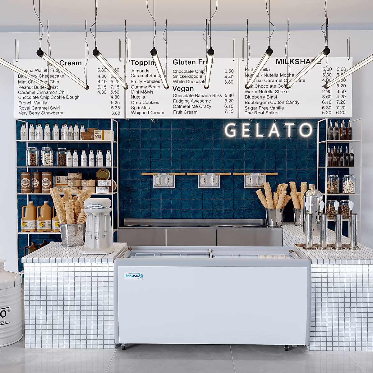 Koolmore 70 inch Commercial Ice Cream Dipping Cabinet Display Case, 12 Large Displayed Tubs, 10 Storing Tube, Sliding Glass Door, Rolling Wheels and Lockable Breaks [20 Cu. Ft.] (KM-ICD-71SD) White