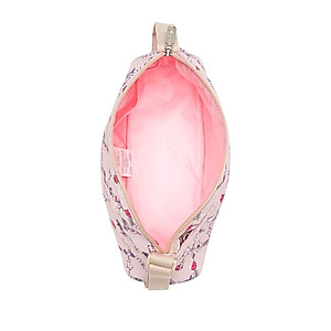 LeSportsac Heart Half Moon Crossbody Bag, Style 3468/Color F705, Pink, Purple & White Flowers Artfully Arranged in Romantic Heart Designs, Pale Pink Bag, Soft Iridescent Sheen, Petite Crossbody