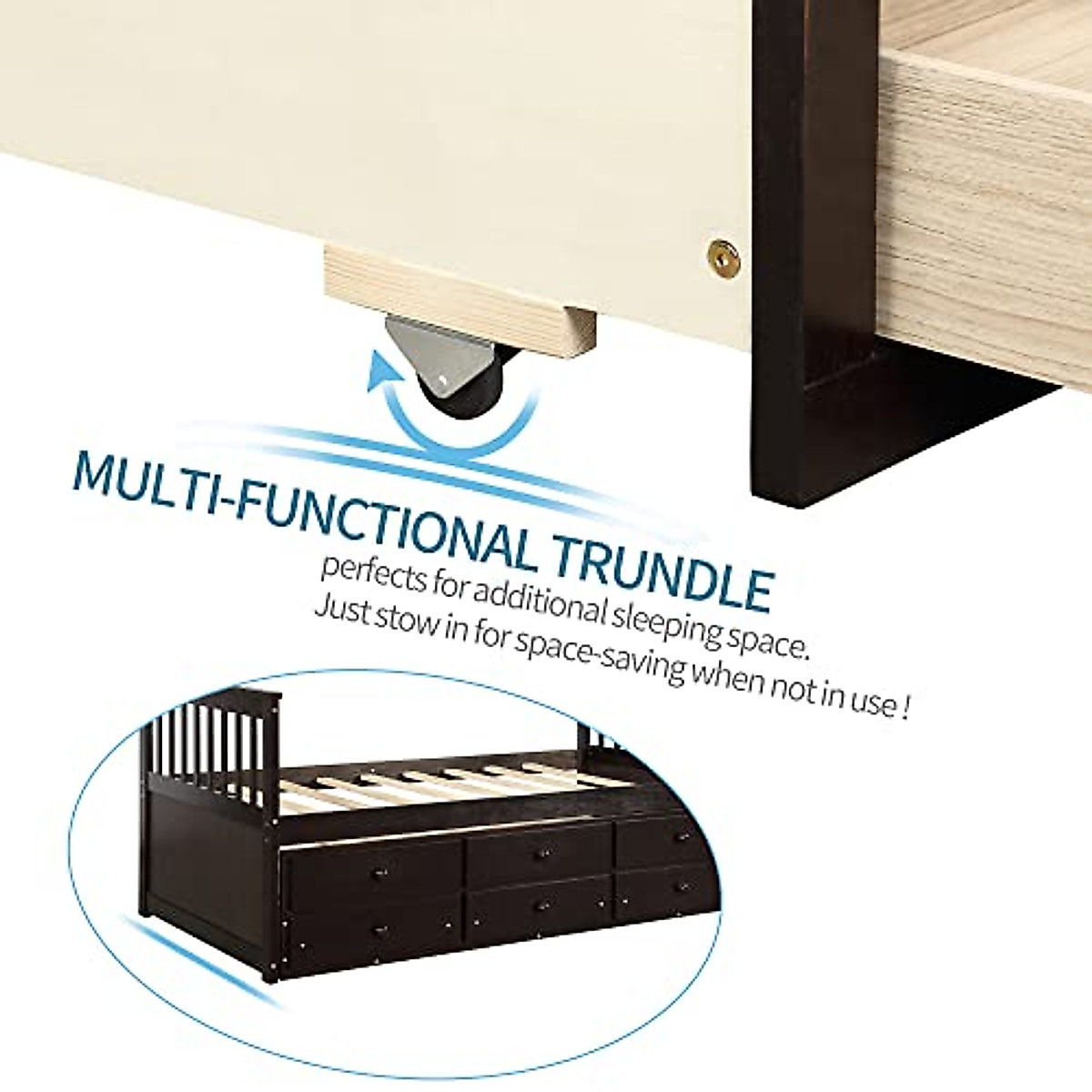 UBGO 3-in-1 Twin Sofa Bed, Wooden Furniture Set with Rollers and 3 Storage Drawers, Captain Sofa Bed Frame for Boys Girls Small Space Bedrooms, Espresso