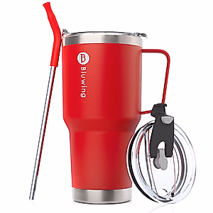 Bluwing 30 oz Insulated Tumbler Cups with Handle and Straw-Stainless Steel Travel Coffee Mug Tumbler for Women and Men (Canyon Red)