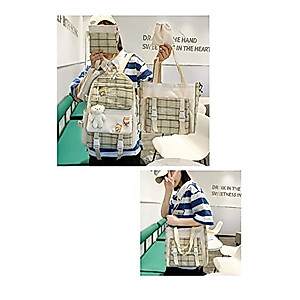 5Pcs Canvas Kawaii Backpack Combo Set with Cute Bear Pendant Pins Plaid Check Handle Shoulder Tote Daypack Bag Kit (Khaki)