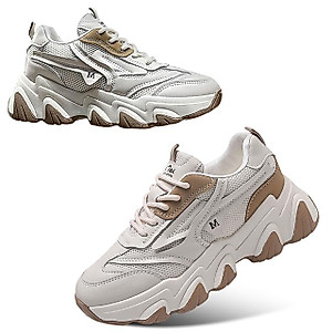 Padgene Women's Platform Chunky Sneakers Fashion Height Increase Lace Up Walking Dad Sneakers Casual Lightweight Sports Trainers