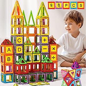 Assark Magnetic Tiles, 98pcs Magnetic Blocks Set Magnet Toys with 2 Cars, Kids Magnetic Building Blocks Set for 3 4 5 6 7 8+ Year Old Boys Girls, STEM Preschool Toys for Gift