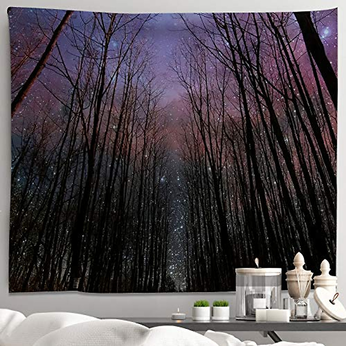 Night Forest Tapestry Wall Hanging Nature Landscape Tapestry Through Starry Night SkyTree Tapestries for Bedroom Living Room Dorm Decor - H51.2×W59.1 inches