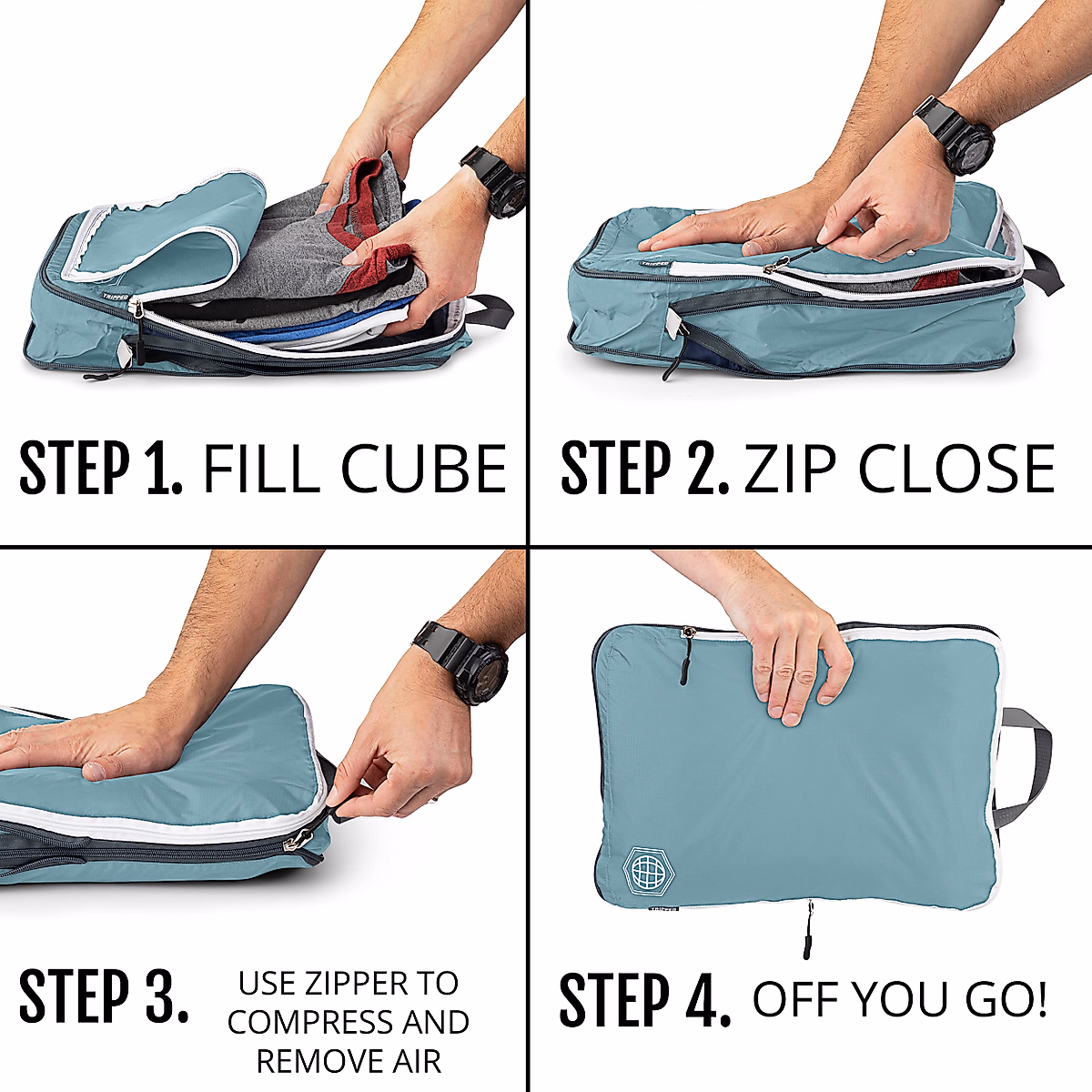 Large Packing Cubes for Travel-Extra Large Compression Luggage Organizers 7 Piece Set-Ultralight, Expandable/Compression Bags for Clothes by TRIPPED Travel Gear (DustyTeal/White)