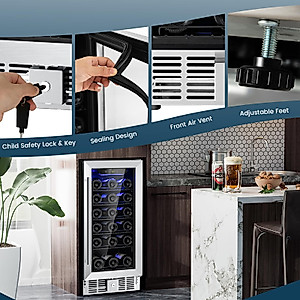 KOTEK 30 Bottles Wine fridge, Frost Free 15 Inch Beverage Refrigerator w/Glass Door & Lock, Removable Shelves, 36-61°F Digital Temperature Control, Freestanding or Under Counter, Wine Cooler for Home