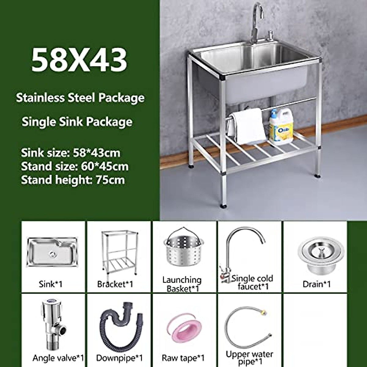 Stainless Steel Outdoor Single Bowl Station Utility Sink,Commercial Restaurant Sink,Drainer Kitchen Restaurant Storage Shelf,for Kitchen Bathroom Restaurant Farmhouse Laundry. ( Color : Cold alone , S