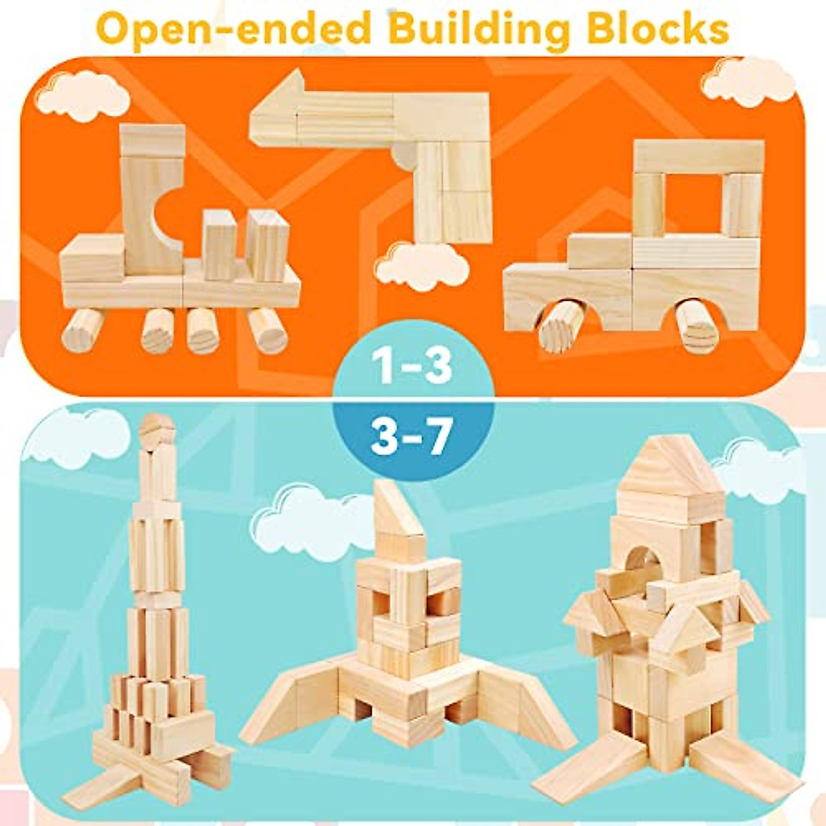 Onshine Large Wooden Blocks for Toddlers 1-3, 64 Pieces Big Wood Building Blocks Set with Wooden Storage Box, Large Toddler Blocks Building and Stacking Toys Construction Set
