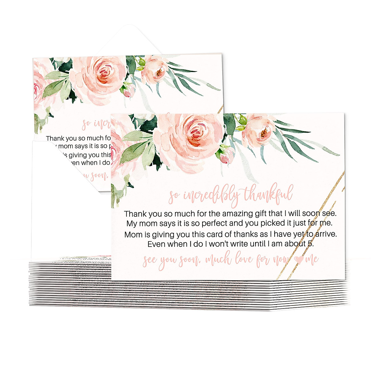 Paper Clever Party Graceful Floral Baby Shower Thank You Cards with Envelopes - 25 Pack - 4x6 Blank Notes with Prefilled Message from Baby Girl - Blush and Greenery Design