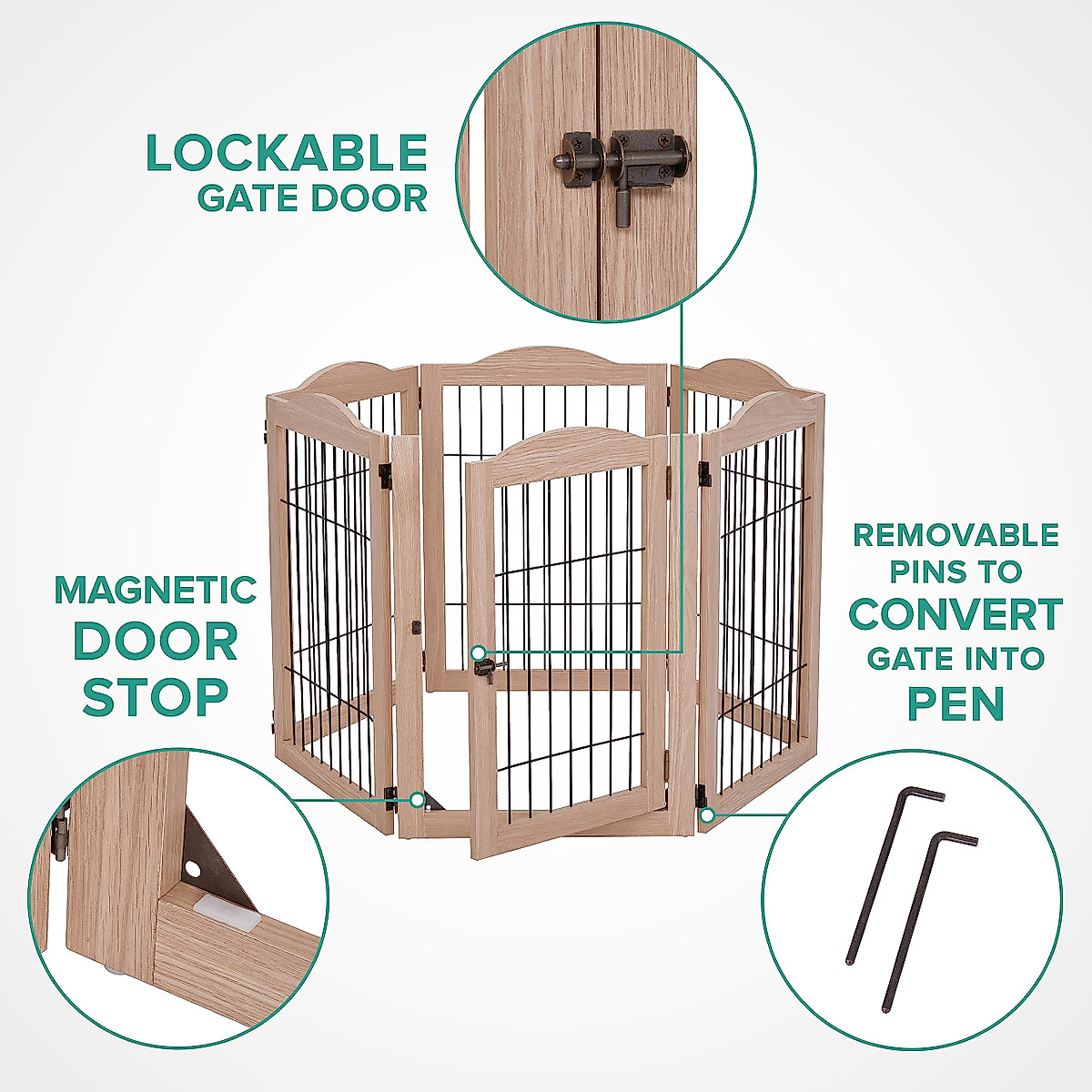 Arf Pets Freestanding Dog Gate with Door, 6 Panel 360° configurable Wooden Wire Fence, 132" Wide, 31.5" Tall, Foldable, Five Support Feet Included, for The House - Indoor Use
