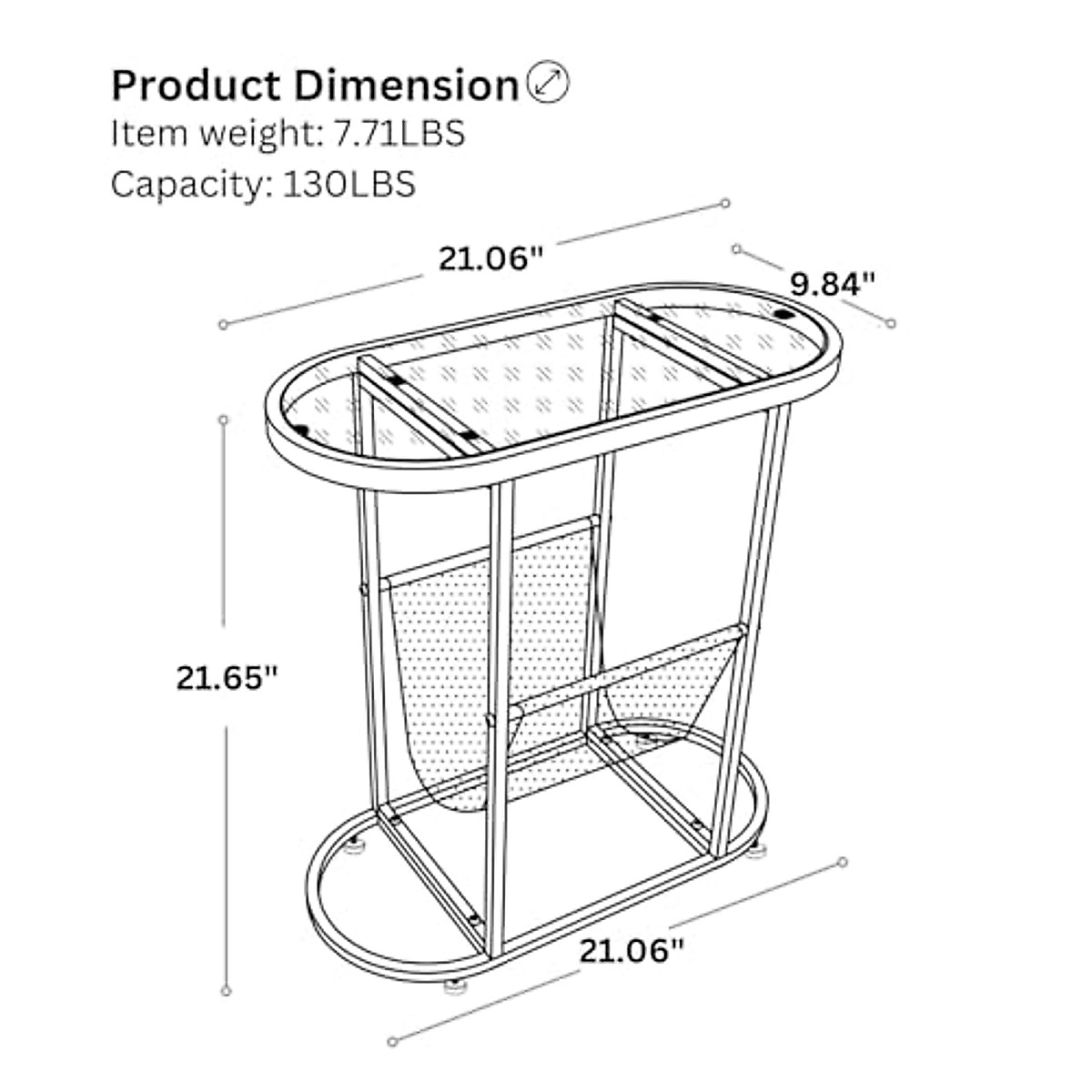 HoRunzelin Modern Oval End Table with Leatherette Magazine Sling, Glass Top Small Side Table with Metal Frame, Rustic Snack Accent Table, Black