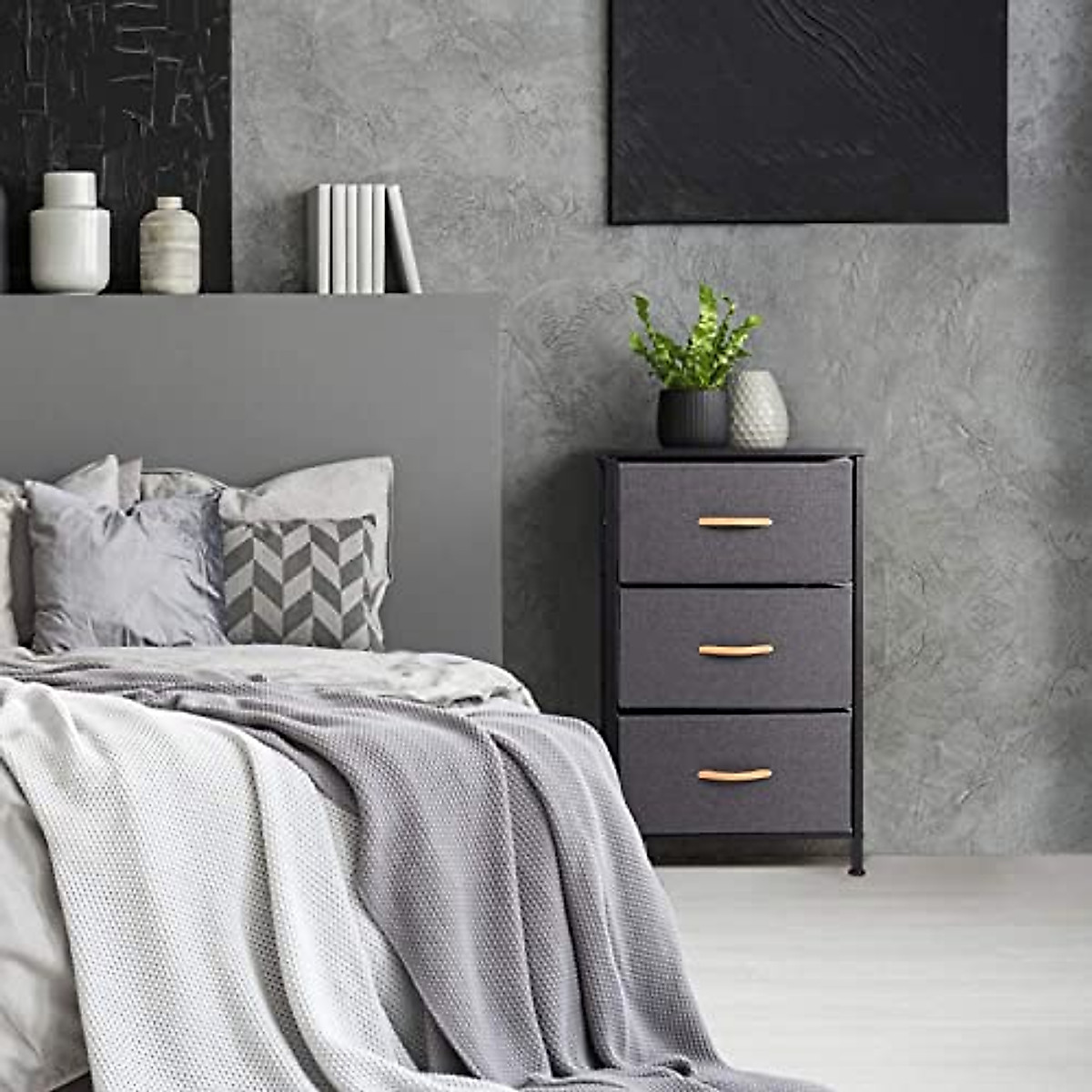 ROMOON Nightstand Chest with 3 Fabric Drawers, Bedside Furniture,Lightweight Accent Table, Storage Drawer Unit with Wood Top Fabric Bins for Bedroom, College Dorm, Closets,Nursery - Dark Gray