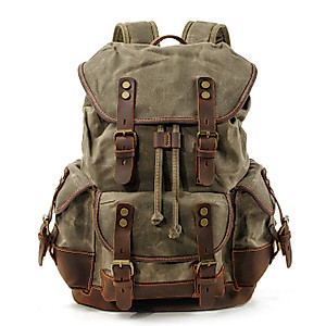 WUDON Men Travel Backpack, Genuine Leather-Waxed Canvas Shoulder Hiking Rucksack (Green)