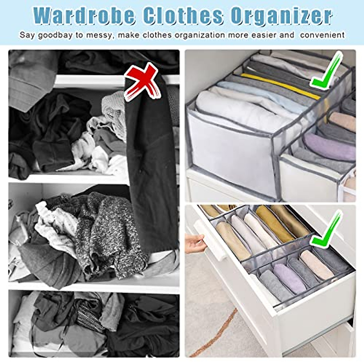 SelfTek 4 Pcs Wardrobe Clothes Organizer, Foldable Drawer Organizers for Clothing, 7 Grids Clothes Compartment Storage Box for Socks, Skirts, T-shirts, Jeans and underwear Organizers and Storage