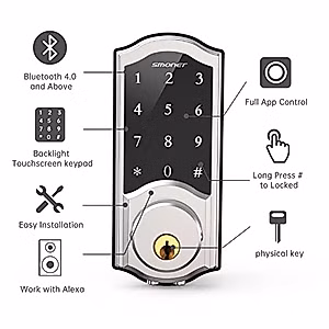 Smart Deadbolt, SMONET Front Door Lock Keyless Entry, Bluetooth Electronic Touchscreen Keypad, Physical Keys, Auto Lock, Remote Control, Send eKey, Airbnb, Apartment