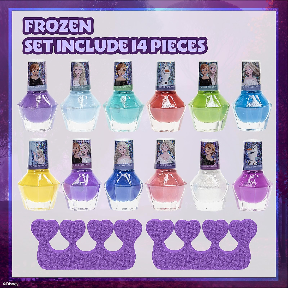 Townley Girl Disney Frozen Elsa and Anna Non-Toxic Peel-Off Water-Based Safe Quick Dry Nail Polish Gift Kit Set for Kids Girls with Bonus Nail Separators, 14 Pc Set (All Solid Colors)