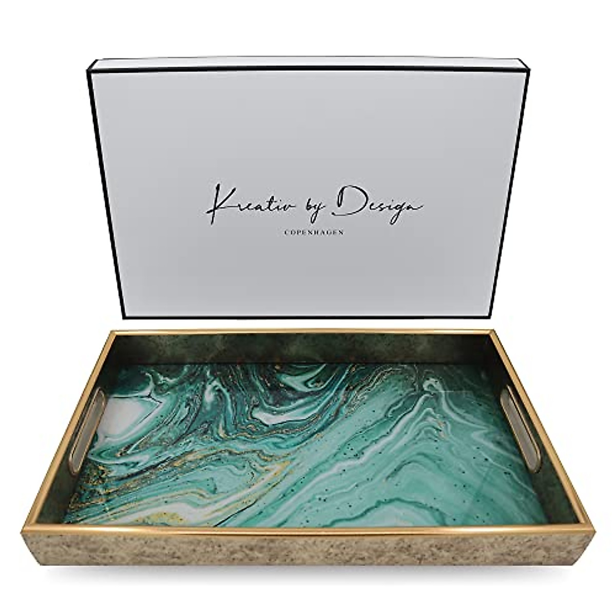 KreativByDesign Abstract Marble Print Home Decor | Glass Topped Black Frame Serving Tray | Ideal Gift with an Elegant Gift Box | Coffee Table Tray | Elegant Tray | PS Framed Printed Glass Table Tray