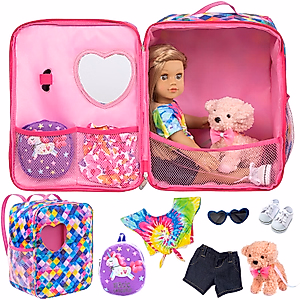Ecore Fun 5 Items 18 inch Dolls Bag Set and Accessories Including 18 Inch Doll Clothes, Shoes, Sunglasses, Doll Backpack and Toy Dog