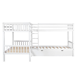 L-Shaped Bunk Bed with Drawers, Wood Twin Over Twin Bunk Beds with Drawers for Kids, Teens, Adults (White)