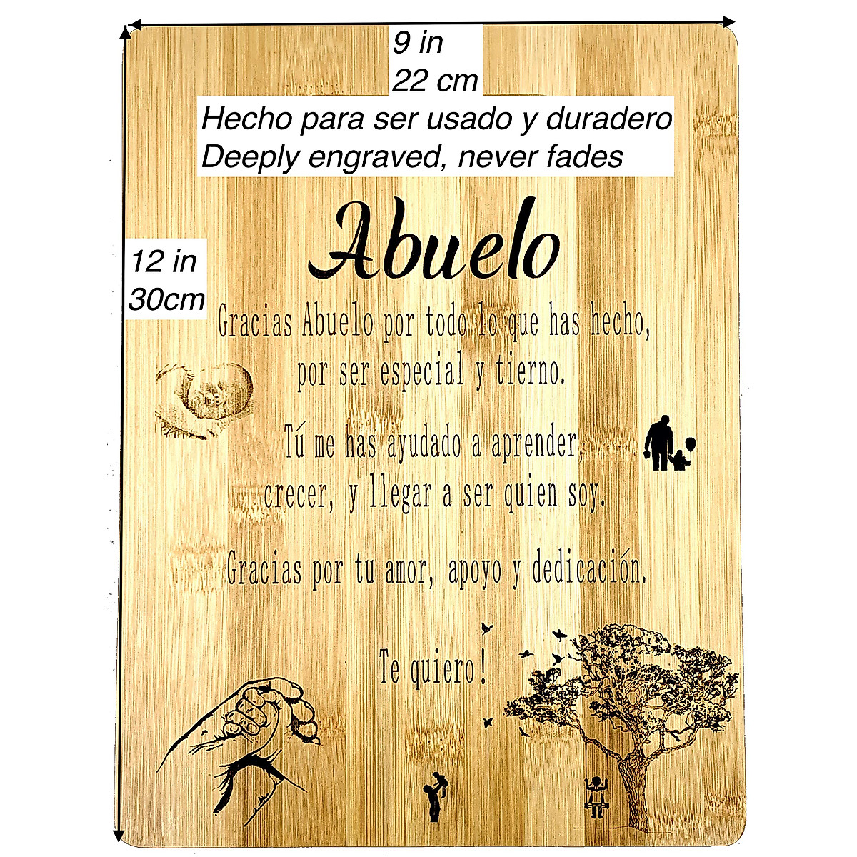Regalo para Abuelo: tabla de cortar de bambú grabada (22 x 30 cm) Gift for Grandpa-Engraved bamboo cutting board 9"x12"