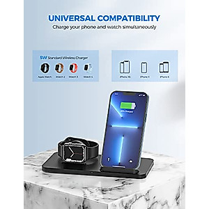 Wireless Charger 15W, 2 in 1 Wireless Charging Station, Fast Wireless Charger for iPhone 13 12 11 Pro Max X XS/iWatch Series, Fast Qi Wireless Charger Dock Station(Adapter Include)