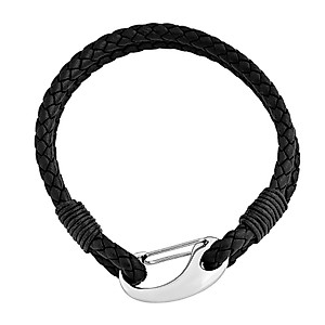 Edforce Braided Genuine Leather 2-Strand Cuff Bracelet with Stainless Steel Clasp (Black)