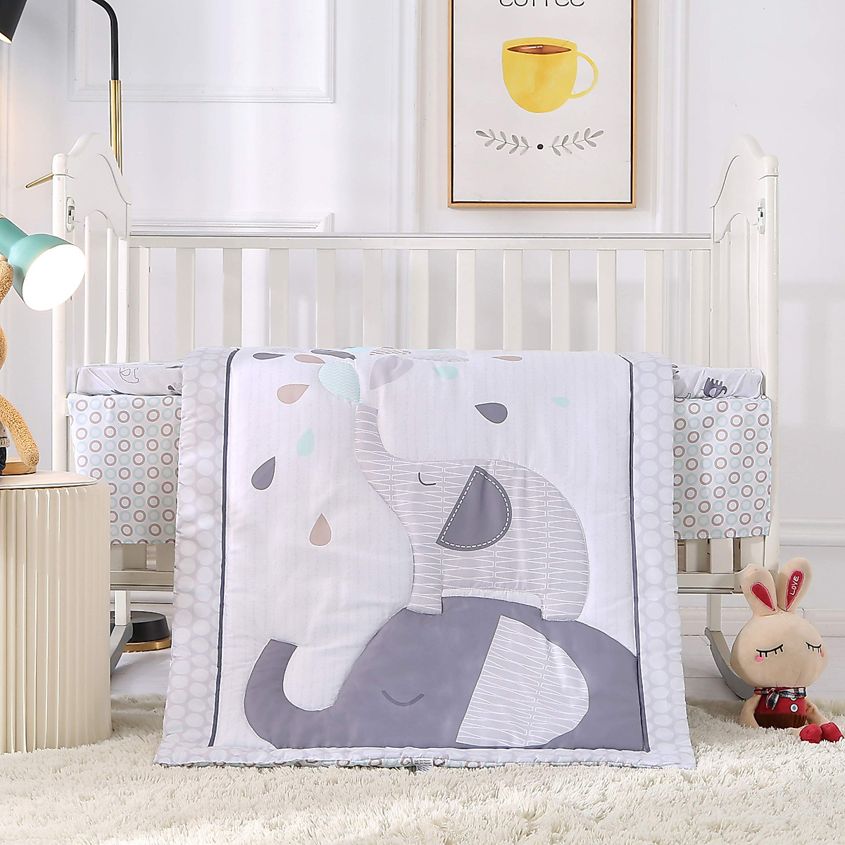 VIVILINEN Grey Elephants Baby Crib Bedding Set for Boys Girls 3 Pieces Animals Infant Nursery Baby Crib Comforter Set with Crib Bed Quilt Fitted Sheet Skirt Set for Standard Size Crib