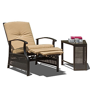 domi outdoor living Adjustable Patio Recliner Chair Metal Outdoor Reclining Lounge Chair with Removable Cushions and Table (Beige)