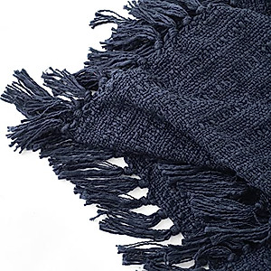 PANDATEX Thick Chunky Navy Blue Knitted Throw Blanket for Couch Chair Sofa Bed, Chic Boho Style Textured Basket Weave Pattern Blanket with Decorative Fringe, 50"x60"