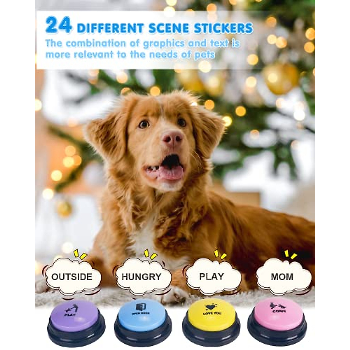 Dog Buttons for Communication, 4 Dog Talking Button Set, Speaking Buttons for Cats and Dogs, 30s Voice Recordable Pet Training Buzzer with Waterproof Dog Activity Mat and 24 Scene Stickers
