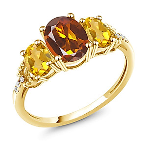 Gem Stone King 10K Yellow Gold Oval Orange Red Madeira Citrine Yellow Citrine and diamond Accent 3-Stone Ring | 2.04 Cttw | 3 Stone Wedding Engagement Anniversary Promise Ring For Women (Size 9)