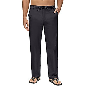 Janmid Men Casual Beach Trousers Linen Summer Pants Black 3XL