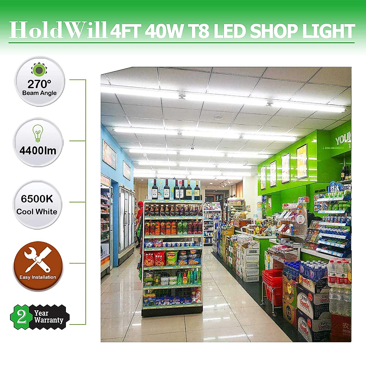 HOLDWILL 6 Pack T8 Led 4FT 40W Integrated V Shaped Tube Light,Linkable White Daylight 6000k Integrated Fixture Garage Lights, Indoor Led Shop Lights for Workshop with On/Off Switch Cable Clear Cover
