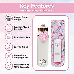 PRANAM YOGI Crystal Water Bottle - Rose Quartz Gemstone Infused Elixir Water Bottle with Loose Leaf Tea Infuser and Protective Sleeve - Wellness Glass and Rose Gold Stainless Steel - 15 oz
