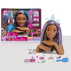 Barbie Deluxe 20-Piece Glitter and Go Styling Head – Brown Hair, Kids Toys for Ages 5 Up by Just Play